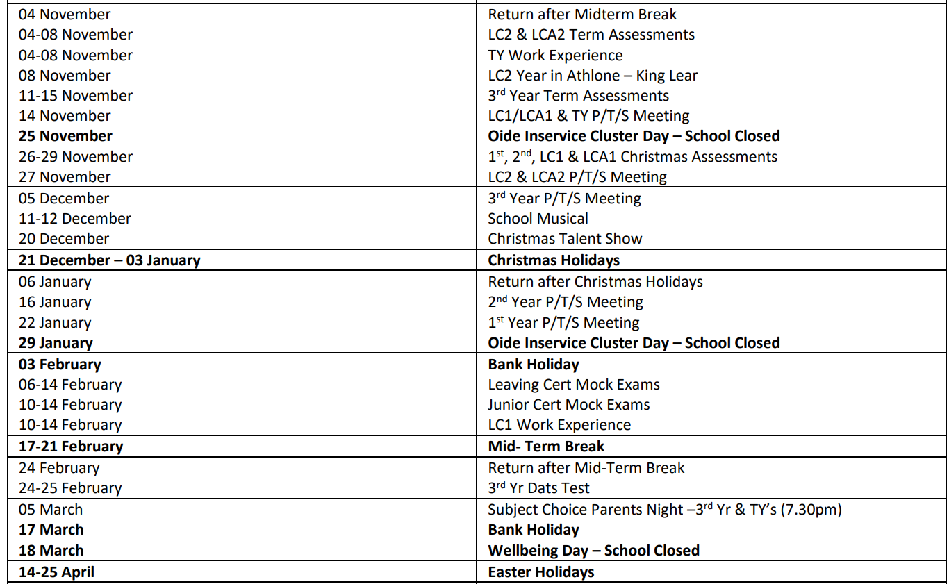 Calendar 2024-2025 | Banagher College, Coláiste Na Sionna
